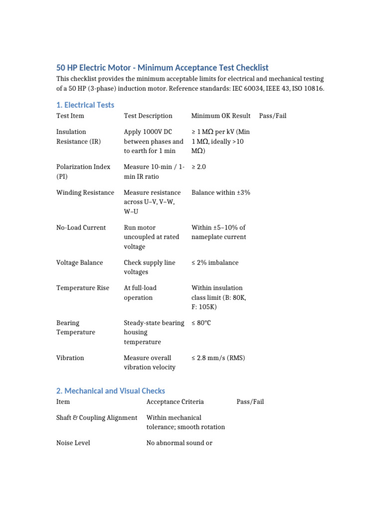 50 HP Electric Motor Test Checklist | PDF