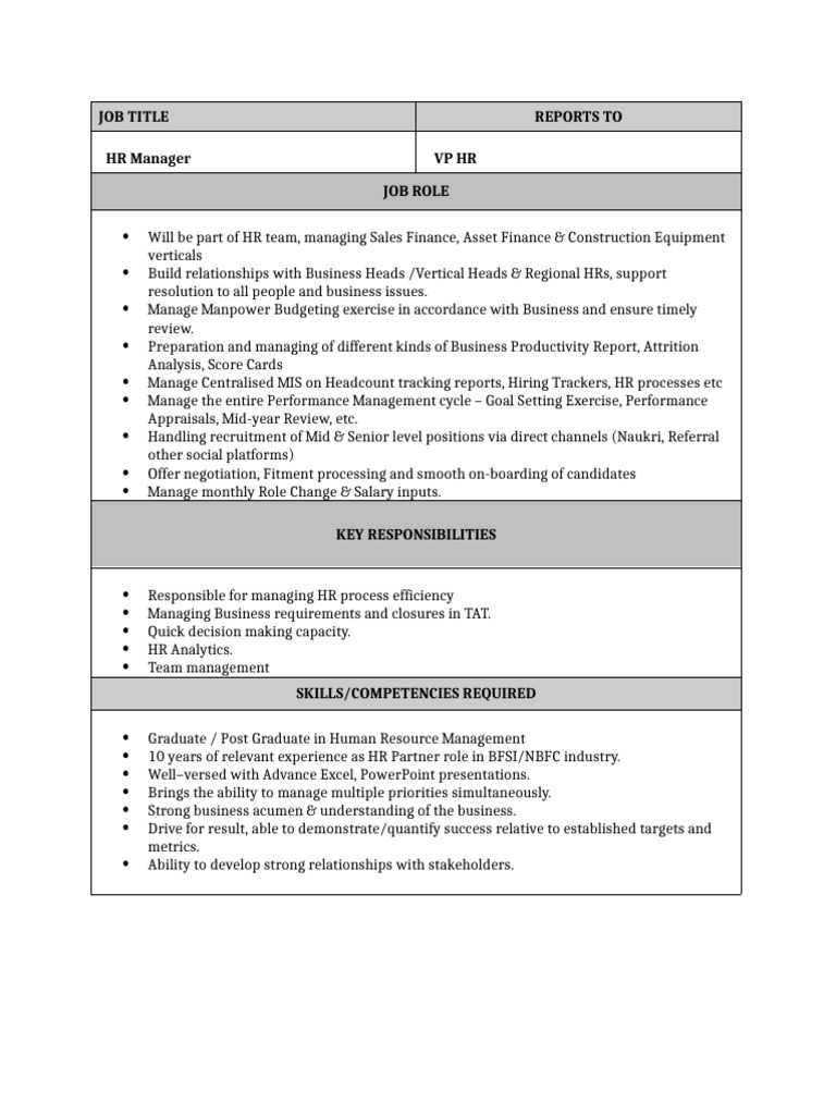 JD - Senior Manager - HR | PDF
