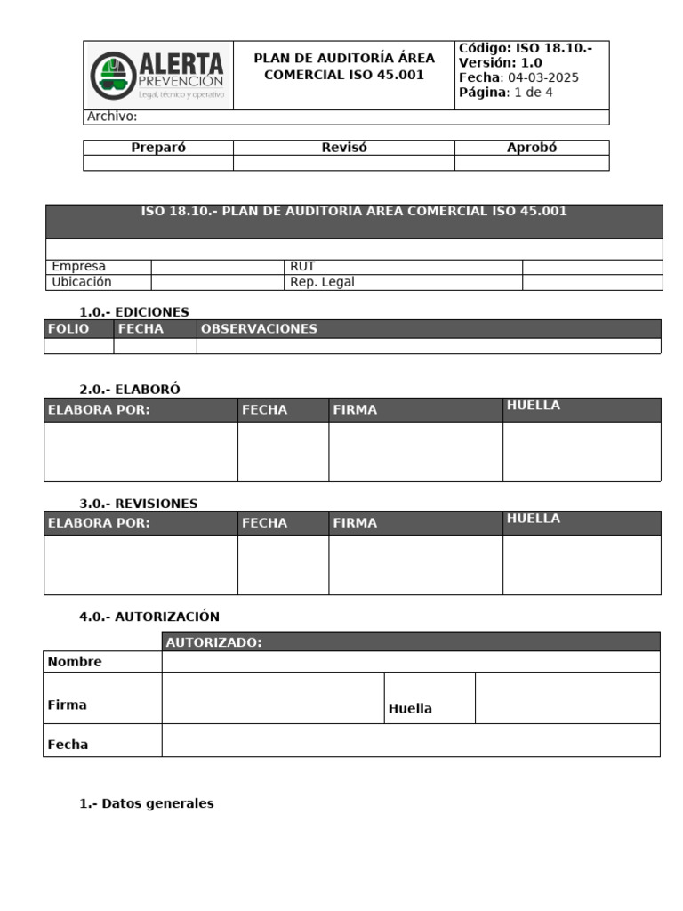 ISO 18.10.- Plan de Auditoría Área Comercial SGI ISO 45.001 v 1.0 | PDF ...