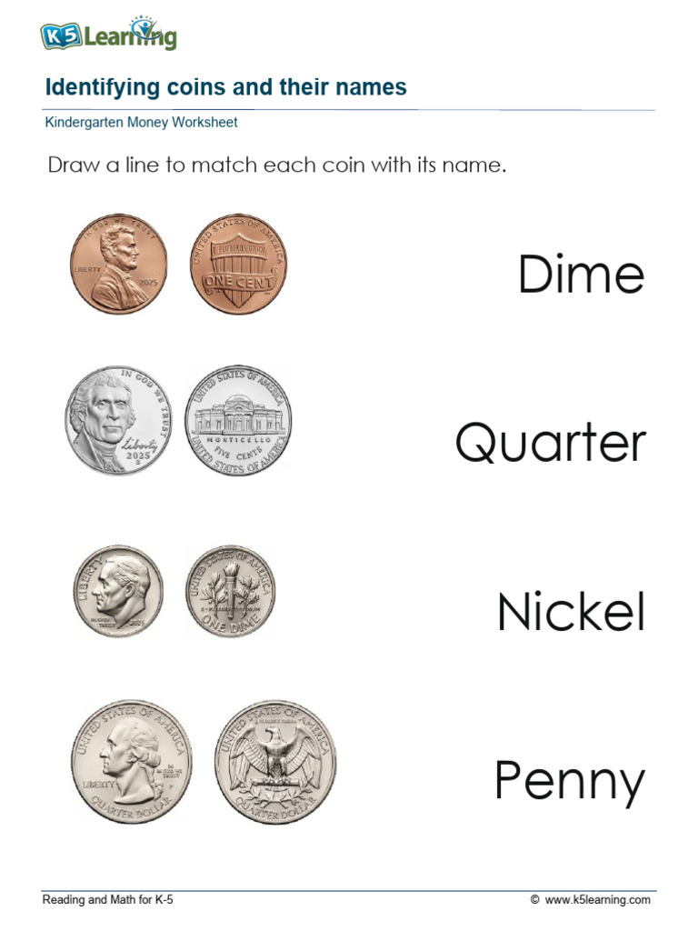 Kindergarten Money Match Coin To Name | PDF
