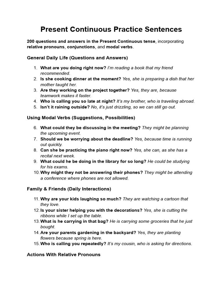 Present Continuous Practice Sentences | PDF