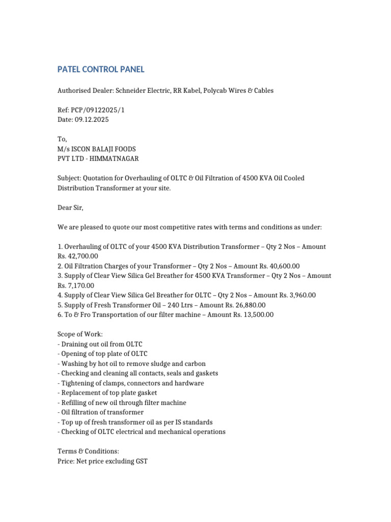 Patel Control Panel Quotation | PDF