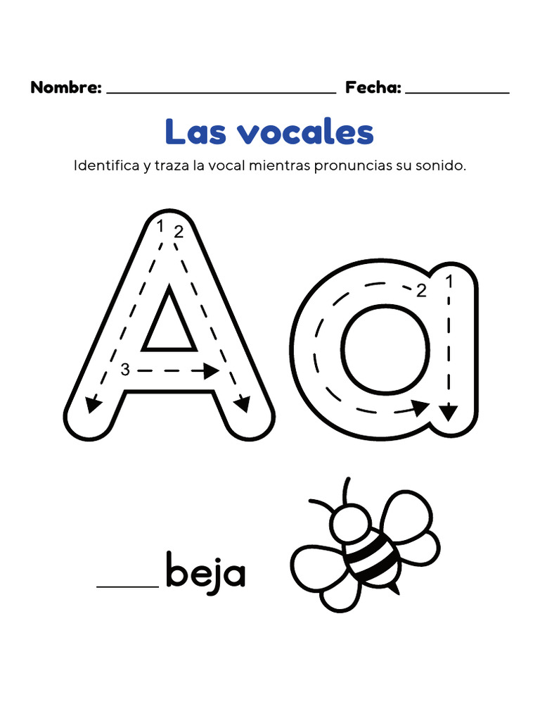 Hoja de Trabajo Las Vocales Ilustrado Azul | PDF