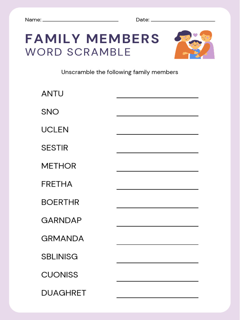Family Members Word Scramble Worksheet in Colorful Simple Style | PDF