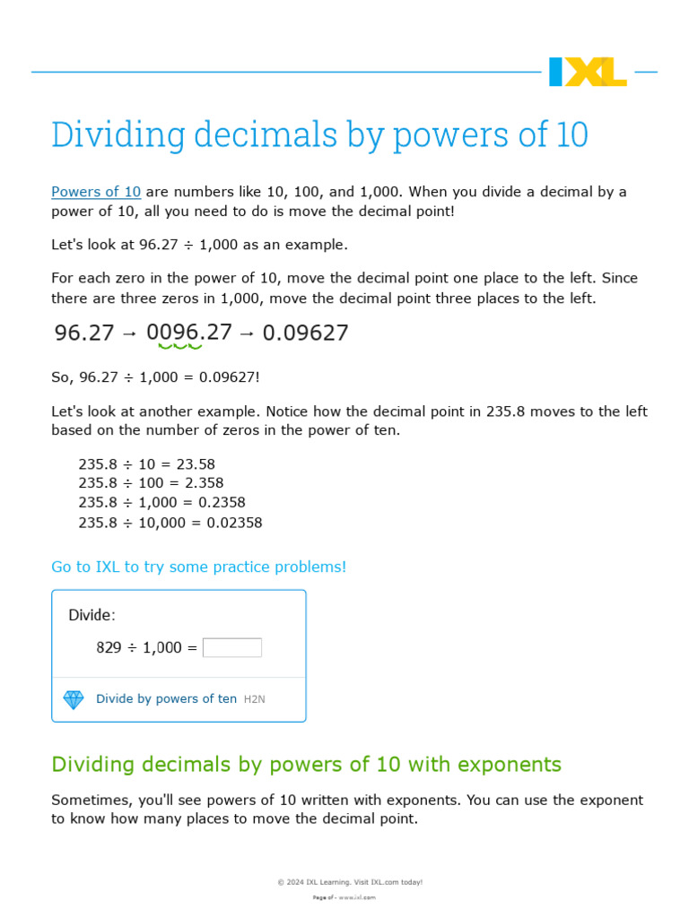 Dividing Decimals by Powers of 10 | PDF | Elementary Mathematics ...