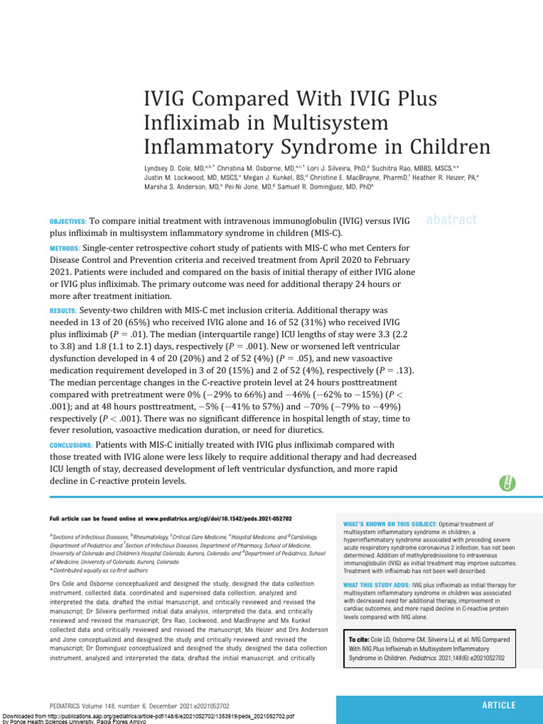 IVIG vs. IVIG Plus Infliximab for MIS-C | PDF | Race And Ethnicity In ...