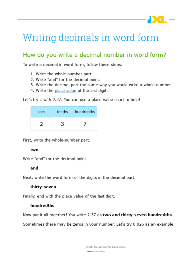 Writing Decimals in Word Form | PDF