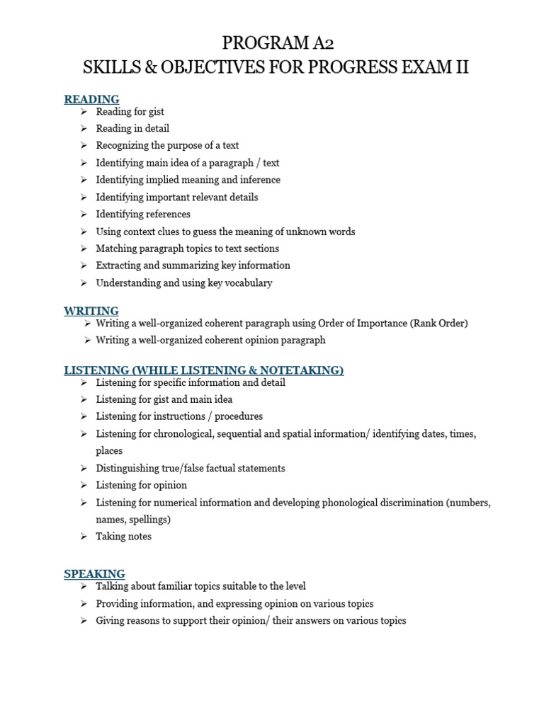 A2 Exam II Skills & Objectives Guide | PDF