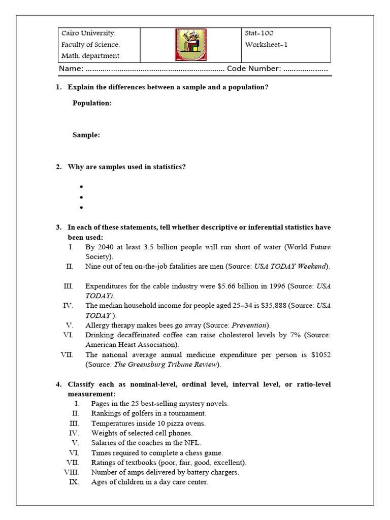 Statistics Worksheet: Samples & Methods | PDF | Level Of Measurement ...