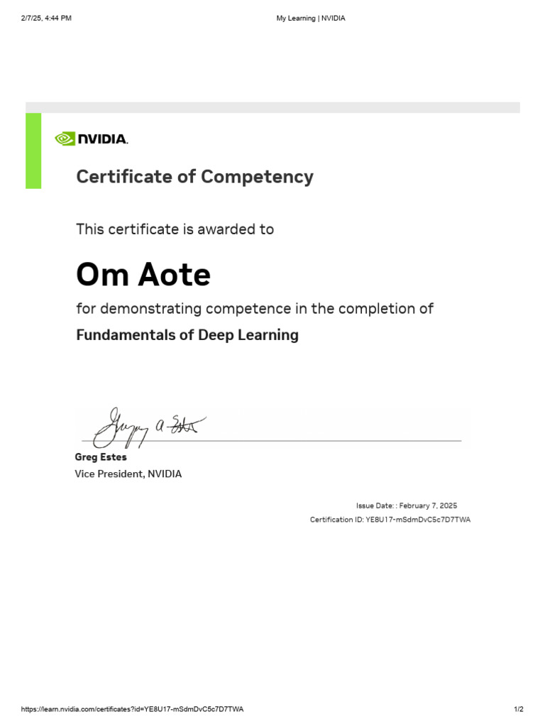 NVIDIA Deep Learning Certificate Awarded | PDF