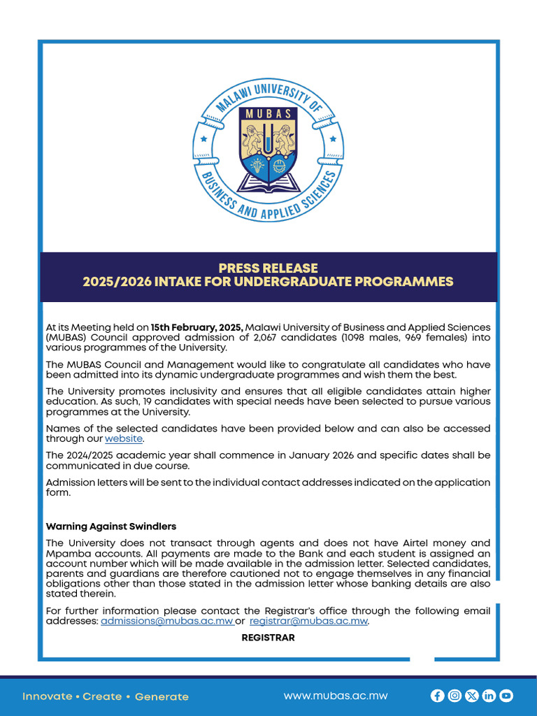 Press Release 2025/2026 Intake For Undergraduate Programmes: 15th ...