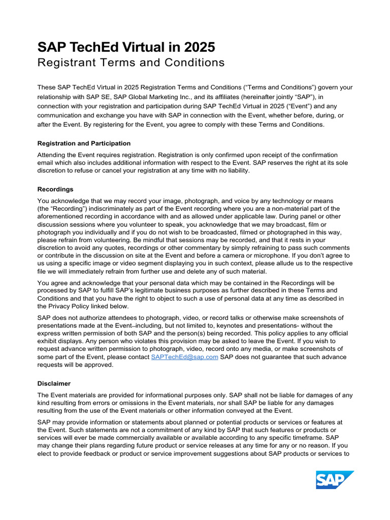SAP TechEd Virtual 2025 - Terms and Conditions | PDF | Privacy | Copyright