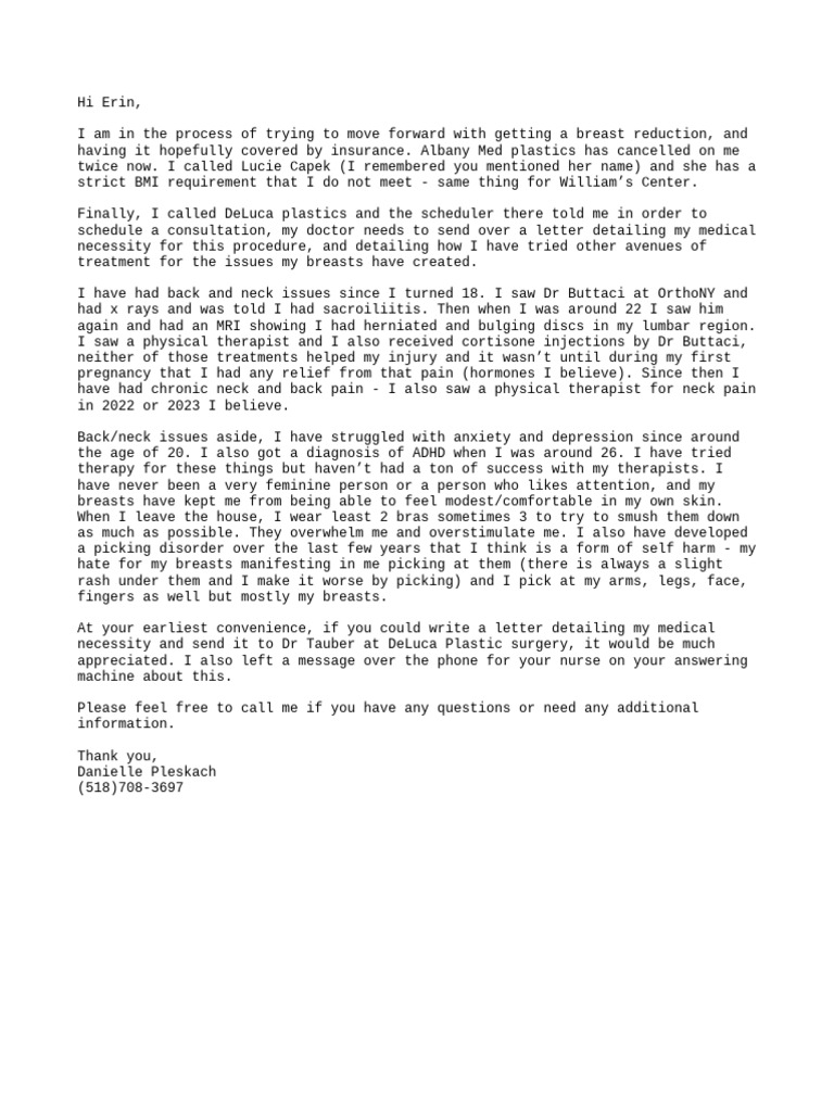 Request for Medical Necessity Letter for Breast Reduction | PDF