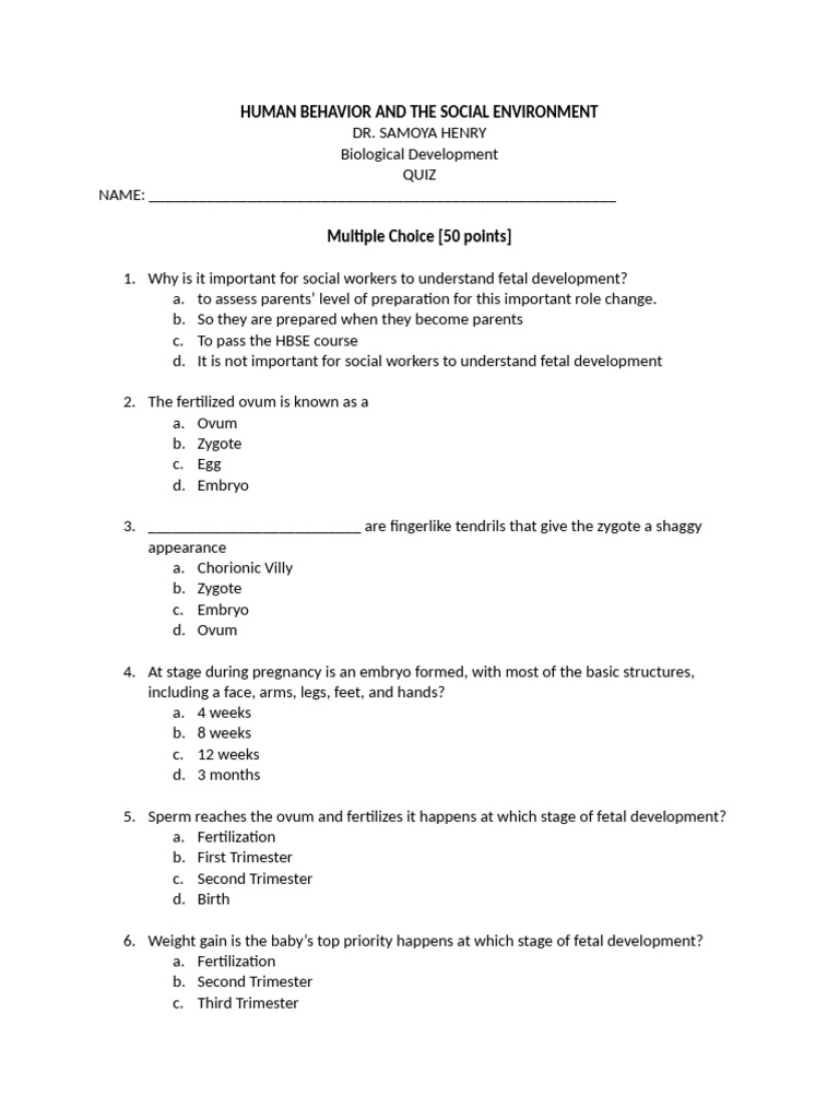Fetal Development Quiz for Social Workers | PDF | Menopause | Puberty