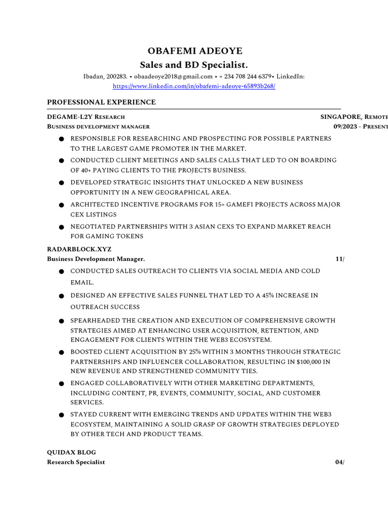 Sales and BD Specialist Profile | PDF | Communication | Customer ...
