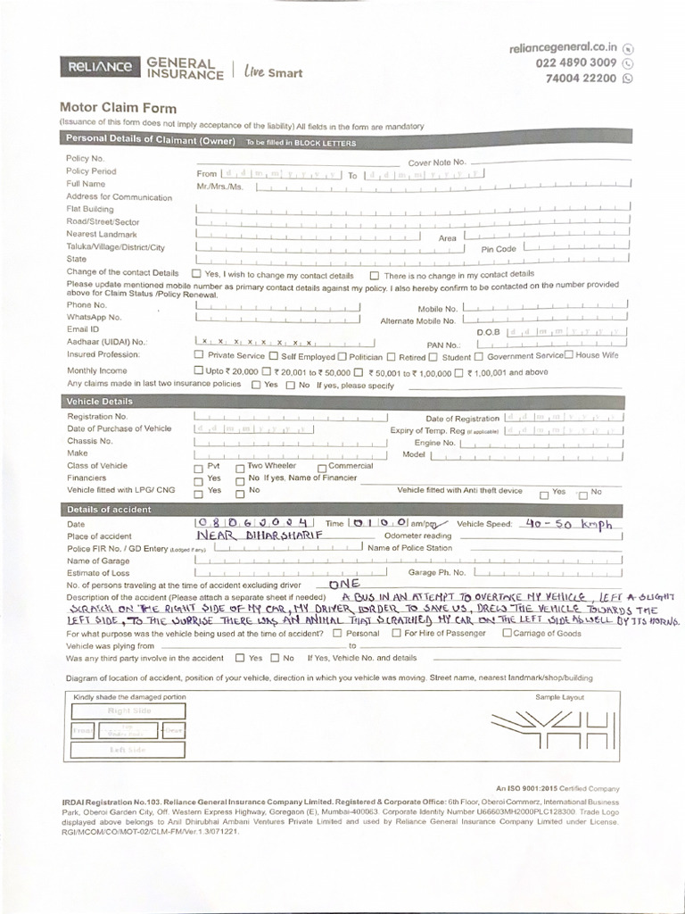 Motor Claim Form | PDF