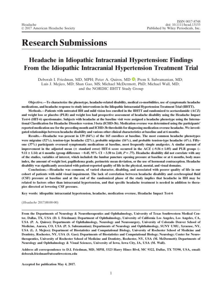 Headache in Idiopathic Intracranial Hypertension Findings-Friedman ...