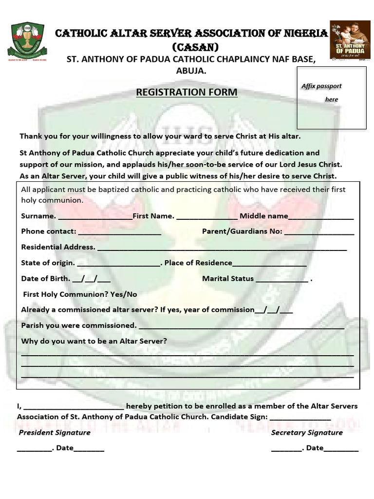 Altar Server Registration Form | PDF | Catholic Church | Altar