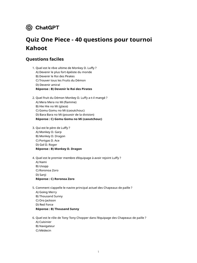 Quiz One Piece : 40 questions pour fans | PDF