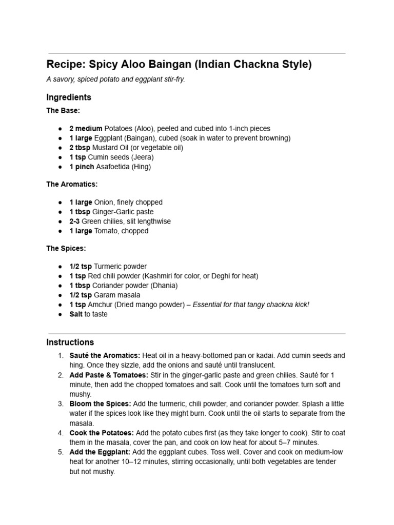 Recipe - Spicy Aloo Baingan (Indian Chackna Style) | PDF