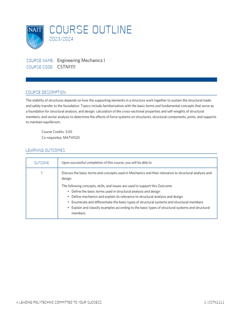 Course Outline CSTN1111 - 2023 | PDF | Force | Mechanical Engineering