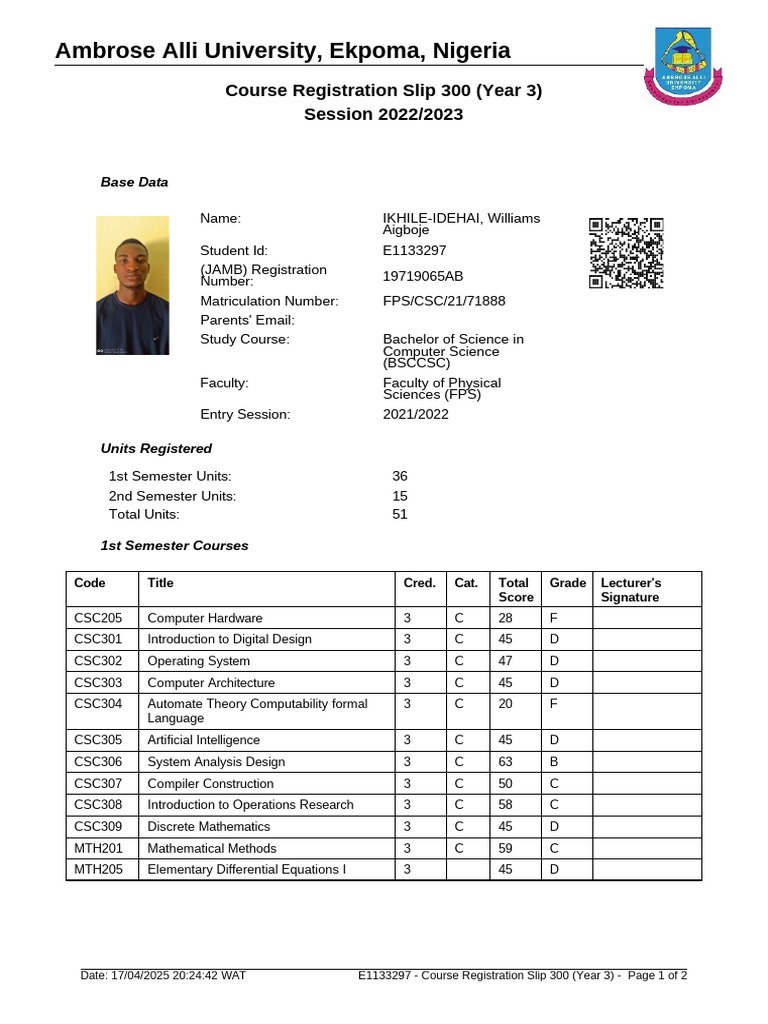 Course Registration Slip - BSc Computer Science | PDF | Mathematics ...