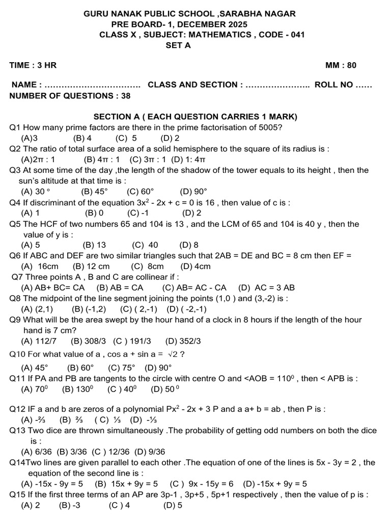 Class X Mathematics Pre Board Exam 2025 | PDF | Elementary Mathematics ...