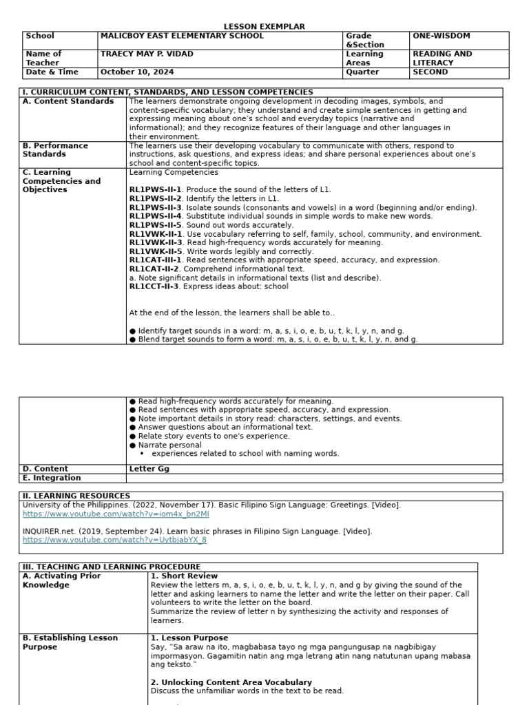Grade 1 Reading Lesson Plan Overview | PDF | Vocabulary | Applied ...