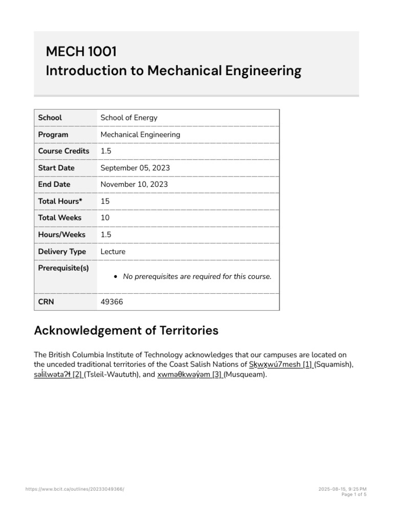 Mech 1001 Intro To Mech Course Outline | PDF | Engineering | Evaluation