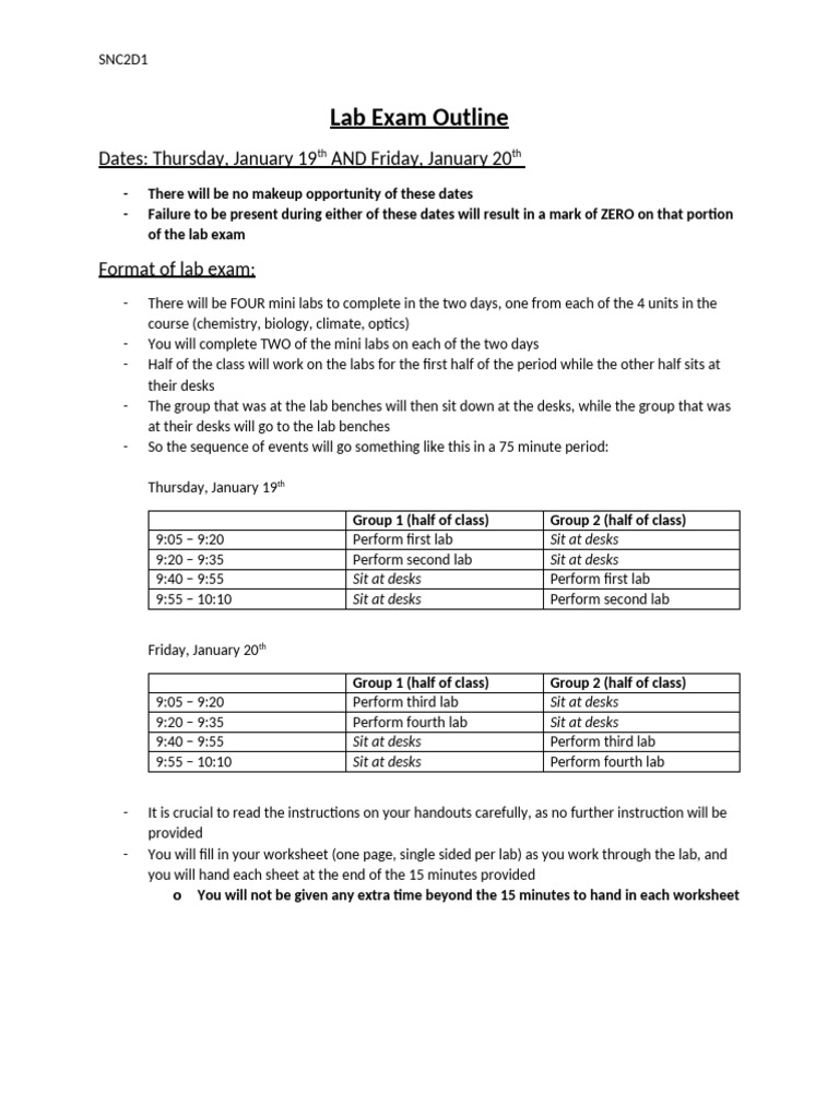SNC2D1 Lab Exam Schedule & Details | PDF | Chemistry | Optics