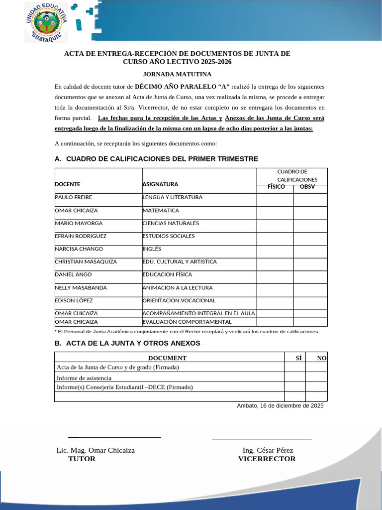 Acta de Entrega de Documentos 2025-2026 | PDF