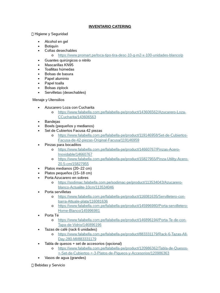 Inventario Catering - Equipo Visual | PDF