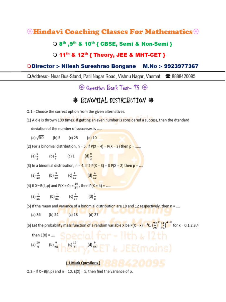 15) Binomial Distribution | PDF | Variance | Probability