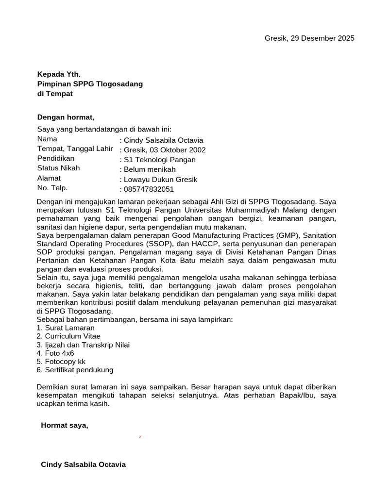 Lamaran Ahli Gizi SPPG Tlogosadang | PDF
