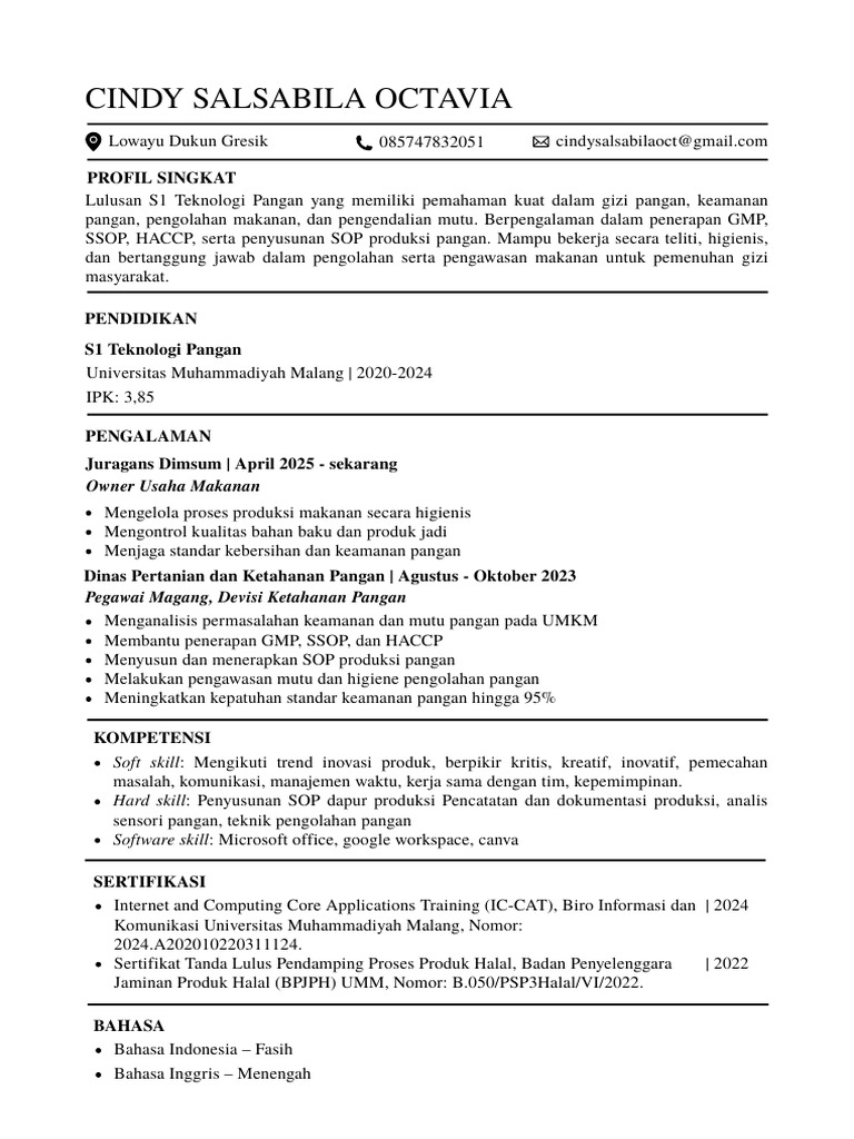 CV Cindy Salsabila Octavia SPPG | PDF