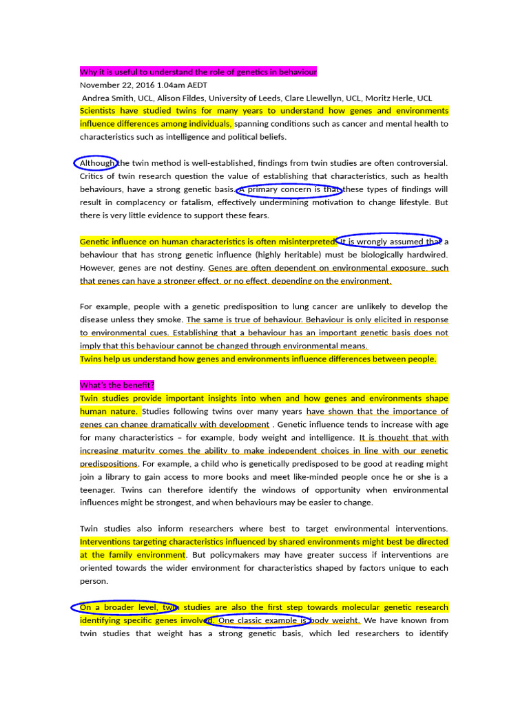 Why It Is Useful To Understand The Role of Genetics in Behavior. | PDF ...