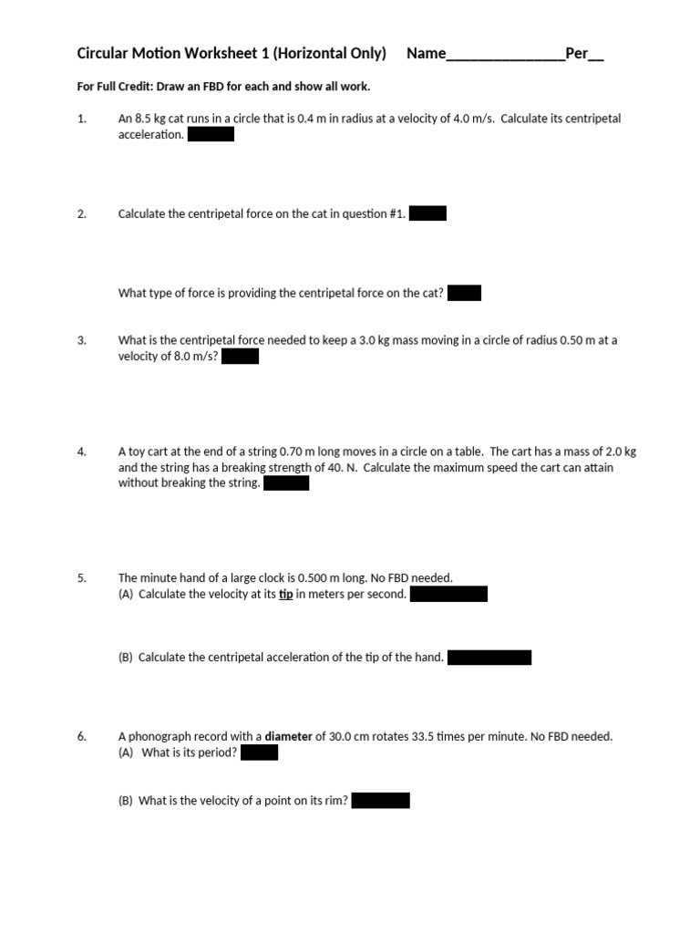 Circular Motion Worksheet 1 (Horizontal) - 2024 | PDF