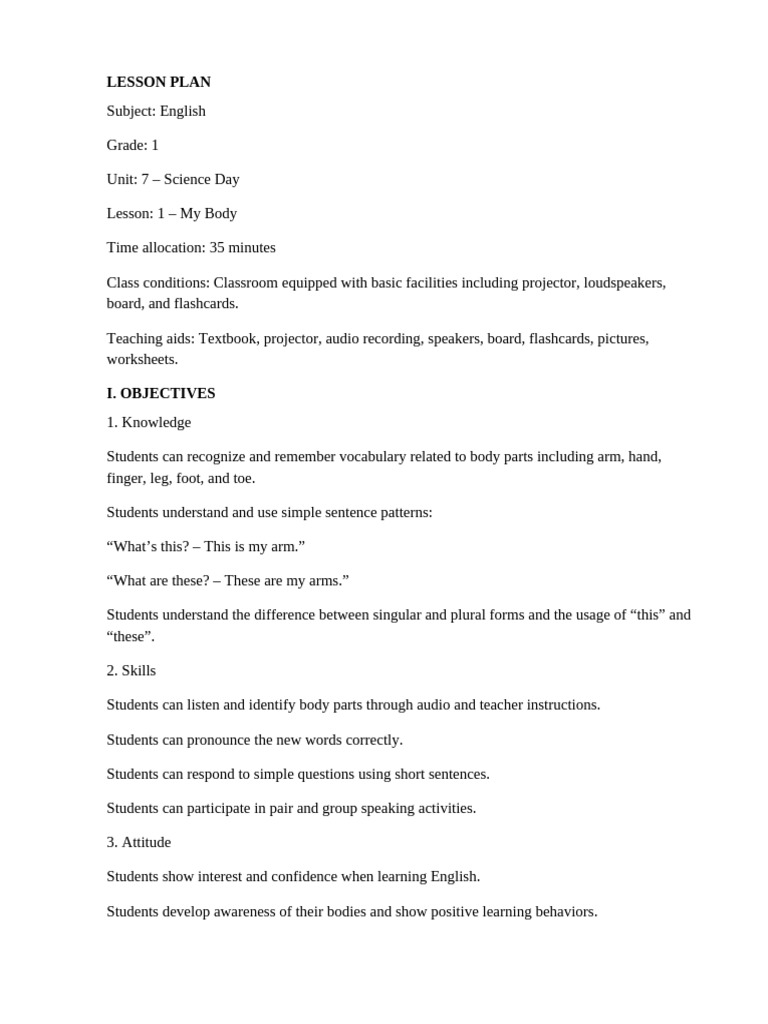 Body Parts Lesson Plan for Grade 1 | PDF | Lesson Plan | Teaching Method