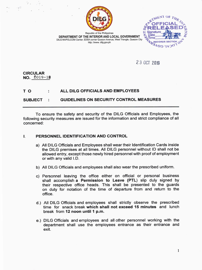 Circular 2019-18 - Guidelines On Security Control Measures | PDF