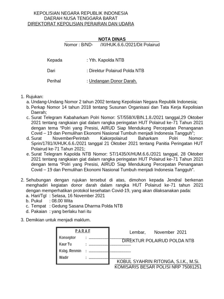 Undangan Nota Dinas Donor 2020 | PDF