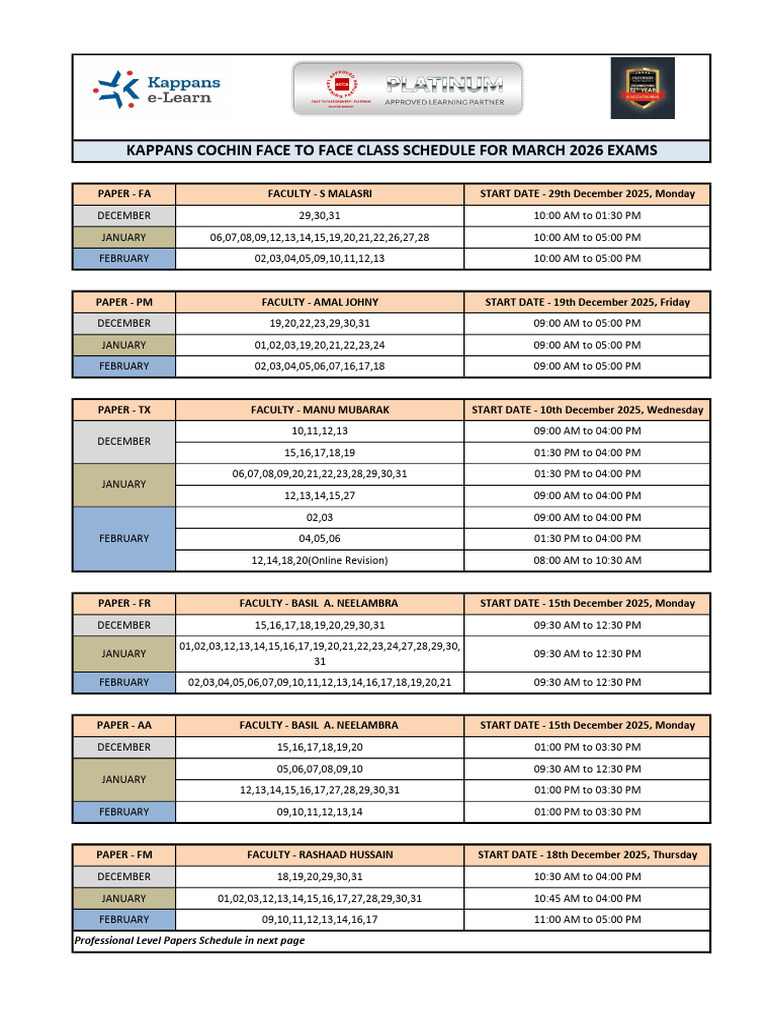 Kappans Face To Face Classes Schedule - March 2026-1 | PDF