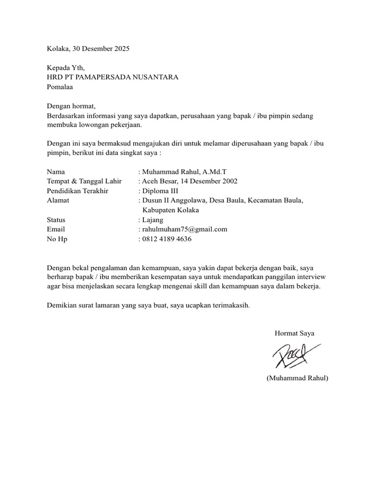 Surat Lamaran Kerja Muhammad Rahul | PDF