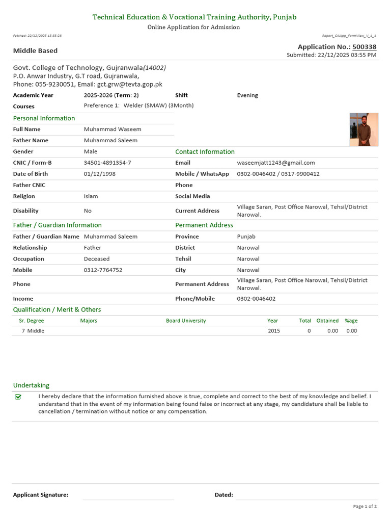 TEVTA Waseem Welding Application | PDF