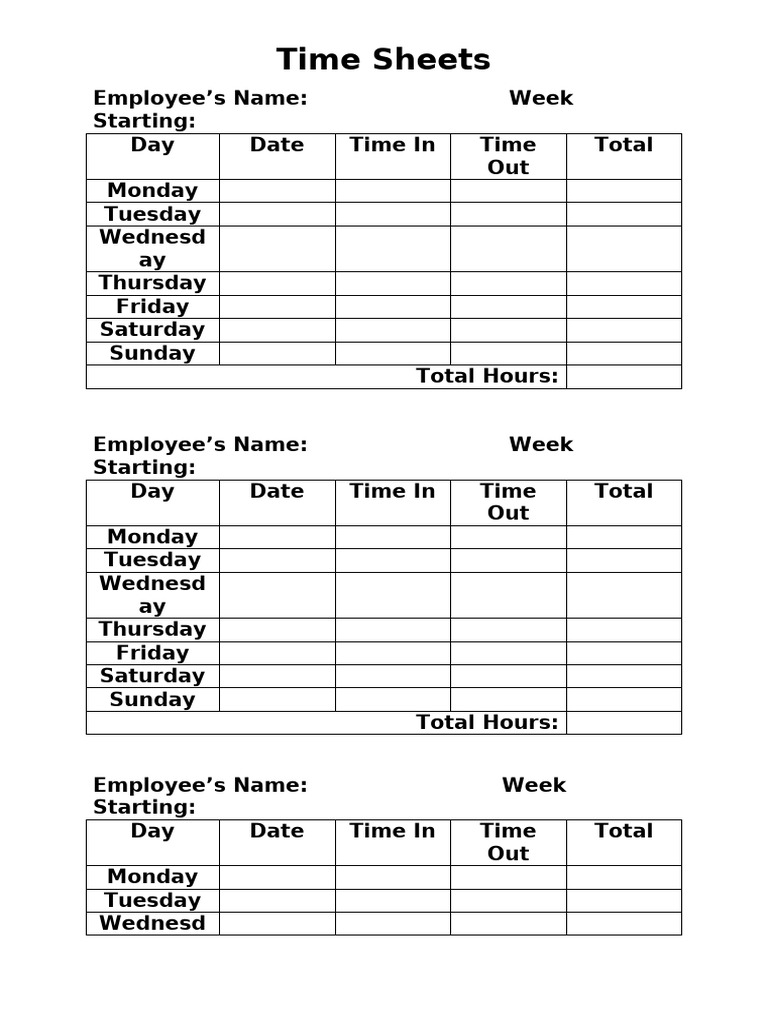 Weekly Employee Time Sheet Template | PDF
