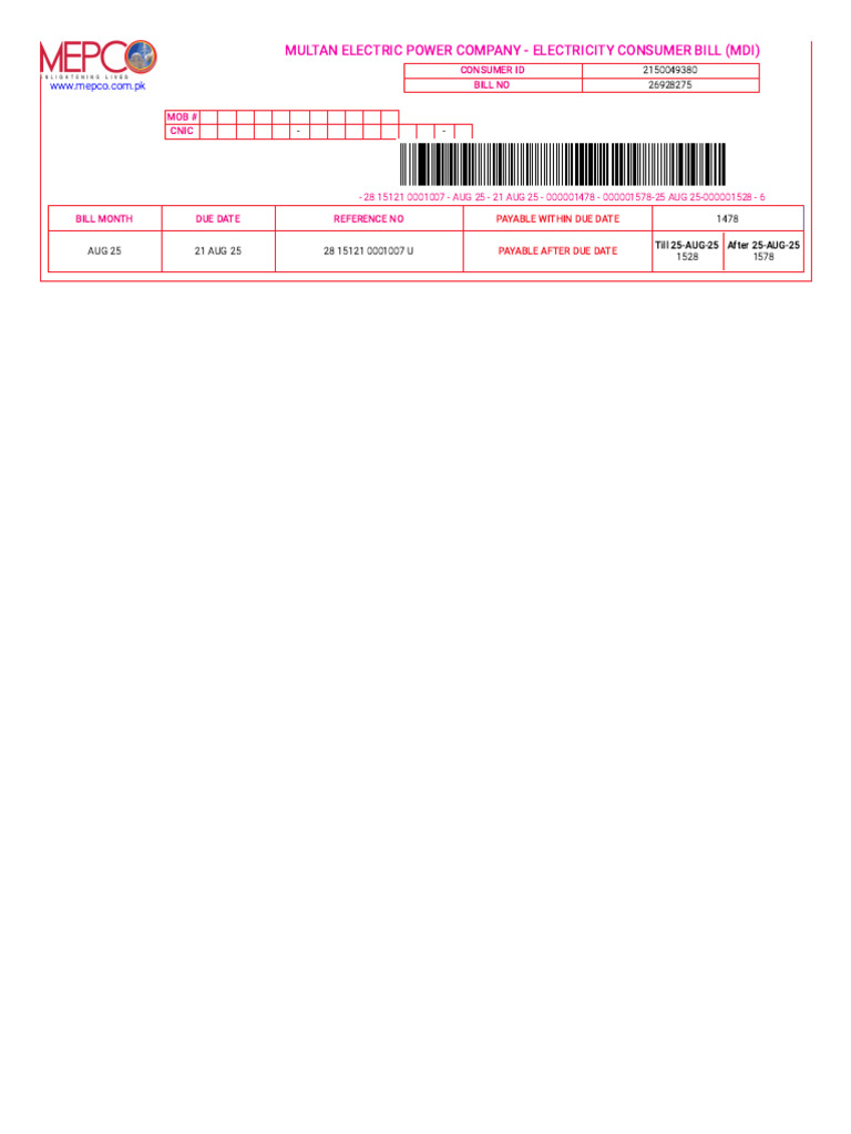 MEPCo Electricity Bill Details | PDF