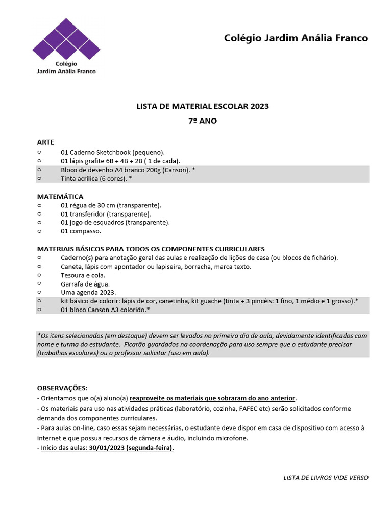 Lista de Material Escolar 7º Ano 2023 | PDF