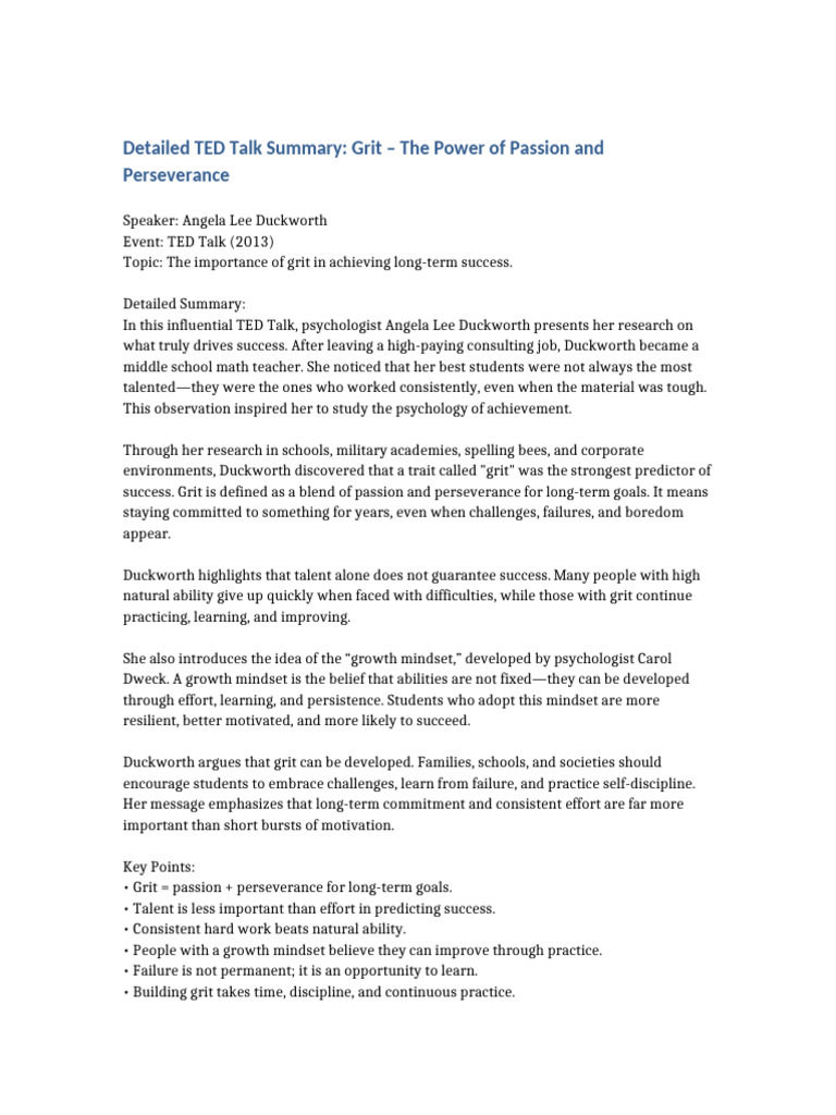 TED Talk Grit Summary Detailed | PDF | Grit (Personality Trait) | Mindset