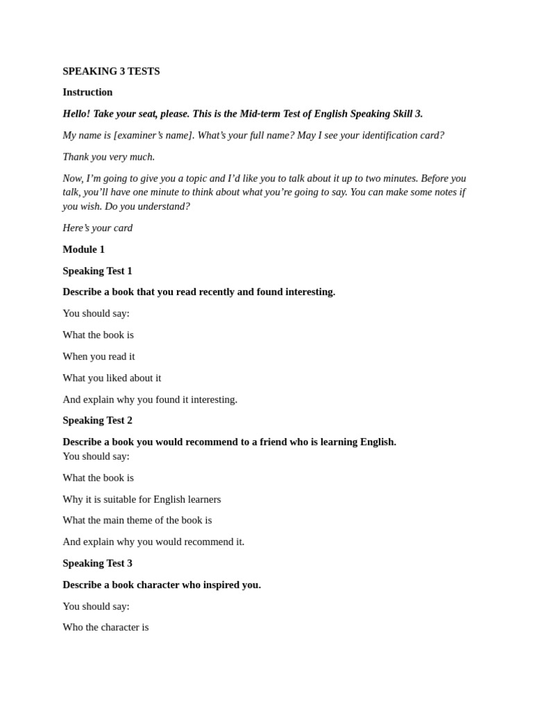 English Speaking Test Instructions | PDF | Psychology | Psychological ...