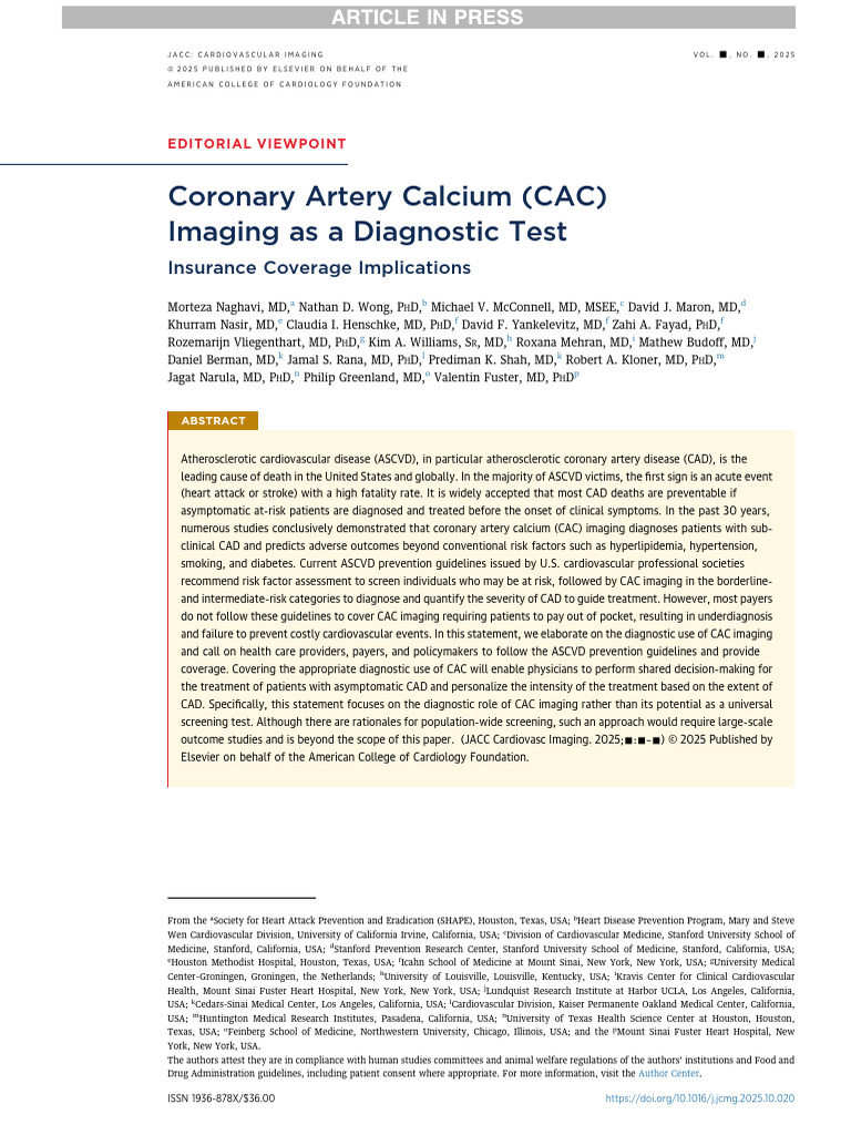 Morteza Naghavi Coronary Artery Calcium Cac Imaging As | PDF ...