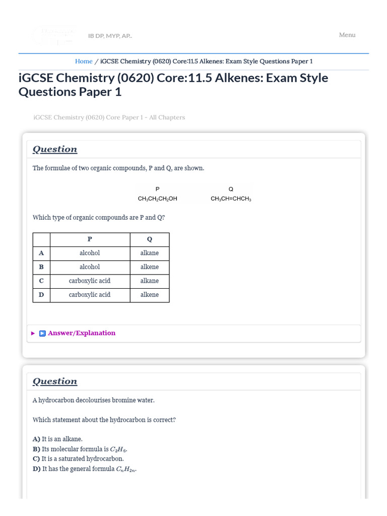 IGCSE Chemistry (0620) Core - 11.5 Alkenes - Exam Style Questions Paper ...
